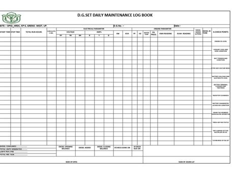Dg Log Book Cum Check List Pdf Diesel Engine Electricity