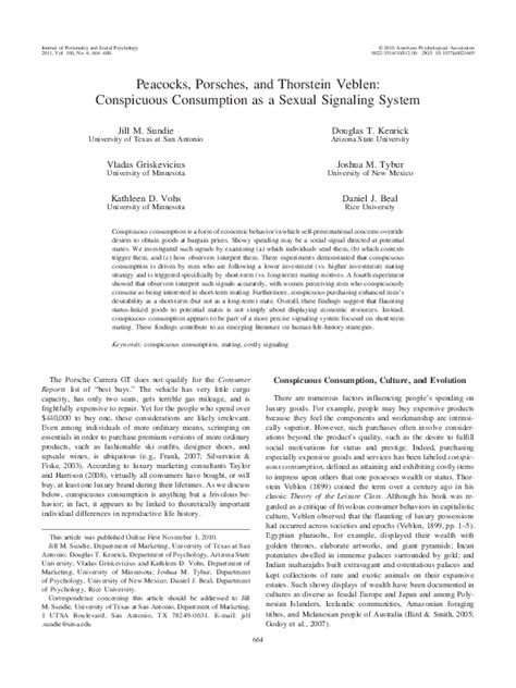 Pdf Peacocks Porsches And Thorstein Veblen Conspicuous Consumption As A Sexual Signaling System