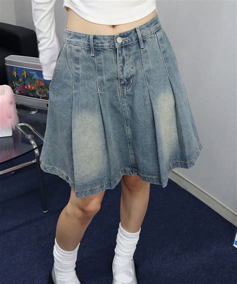 데님 플리츠 하프 스커트 2color 주름 테니스치마 빈티지워싱 워싱데님 청치마 중청 흑청 세미 미니 미디엄 미디스커트