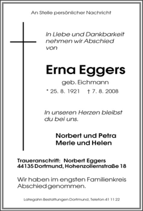 Traueranzeigen Von Erna Eggers Trauer In Nrw De