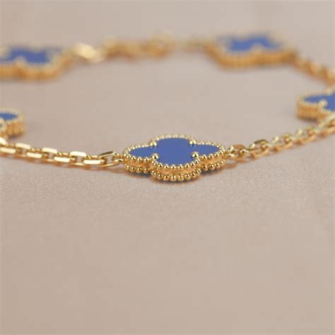 Van Cleef And Arpels Blue Agate Vintage Alhambra 18k Gold Bracelet At