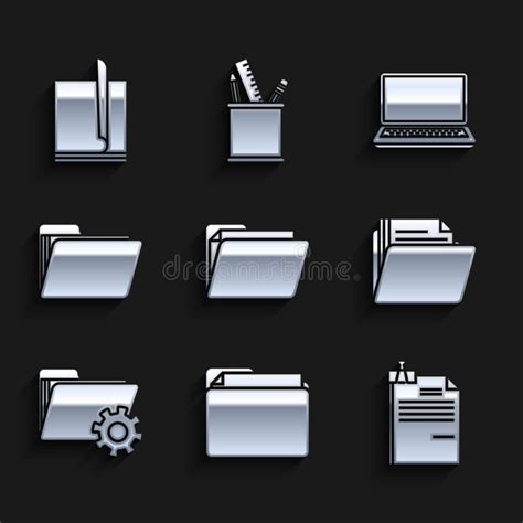 Set Document Folder File Document And Binder Clip Folder Settings With Gears Laptop And Icon