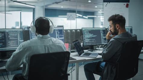 Office Portrait Of Happy It Programmer Wearing Headphones Working On