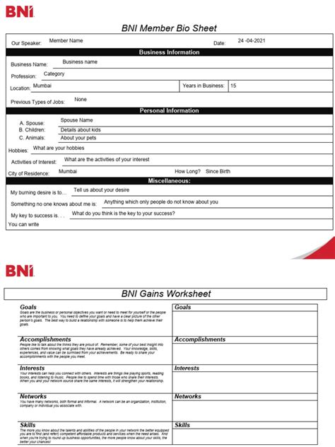 Bni Member Bio And Gains Worksheet Pdf Knowledge Cognitive Science
