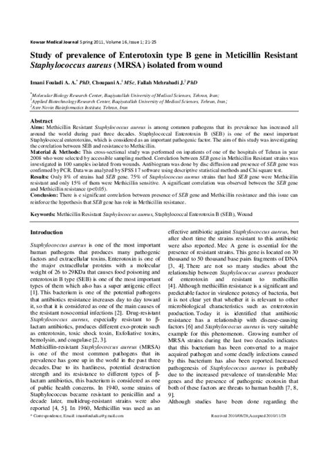 Pdf Study Of Prevalence Of Enterotoxin Type B Gene In Meticillin