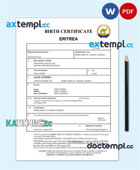 Sample Eritrea Vital Record Birth Certificate Word And Pdf Template