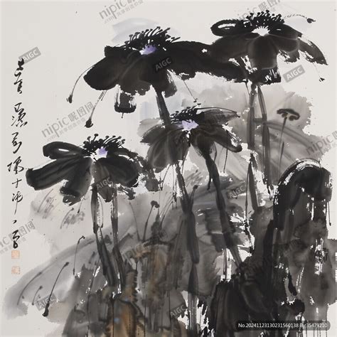 Ai创作图大写意荷花 墨荷装饰画 巨幅水墨荷花 手绘装饰画墨荷 原创写意荷花 水墨荷花作品 金菊美术绘画 写意画荷花 荷花高清写真手绘 荷花