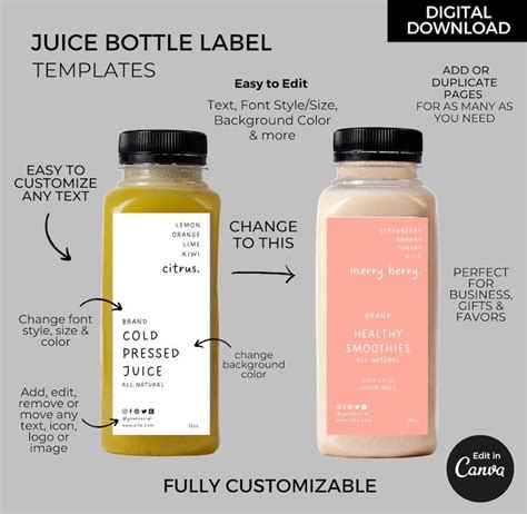 Editable Fruit Juice Bottle Labels Template Canva Fresh Juice Label