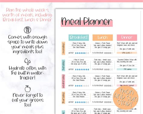 Colorful Meal Planner Printable Weekly Food Diary Meal Etsy Uk