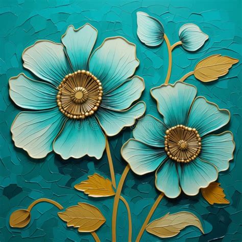 Turquoise Ceramic Painting With Three Multidimensional Flowers Stock