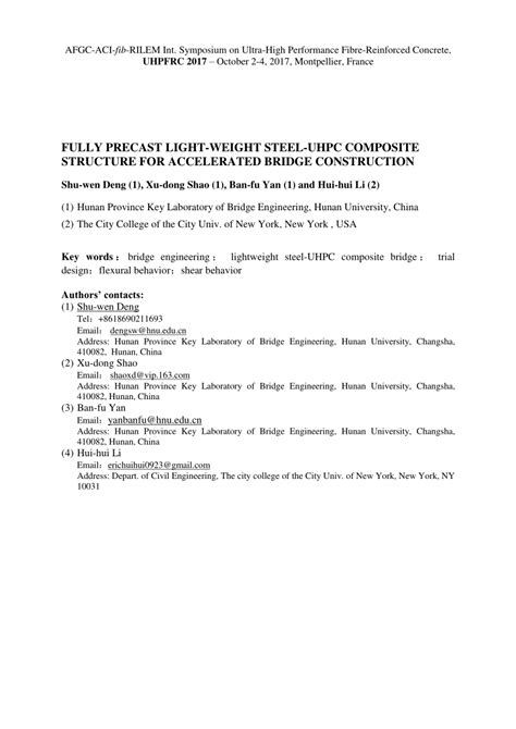 Pdf Fully Precast Light Weight Steel Uhpc Composite Structure For Accelerated Bridge Construction