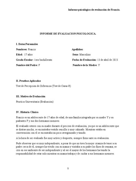 Informe De Evaluacion Psicologica Pdf