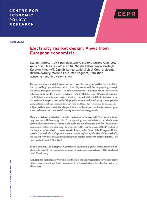 Policy Insight 120 Electricity Market Design Views From European
