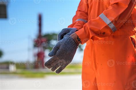 Wearing Construction Safety Gloves Closeup Photo Man Wearing Safety