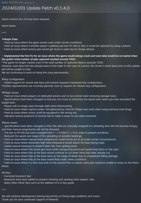 Steam Version V0 1 4 0 Has Been Released R Palworld
