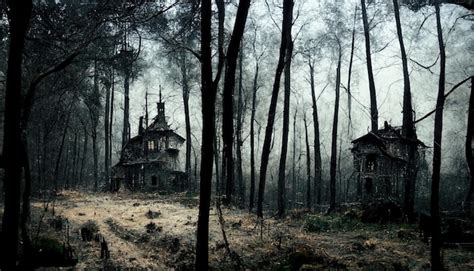 Premium Photo Creepy Forest With Abstract Two Neighbor Houses Digital