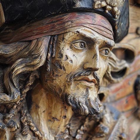 A Closeup Of A Pirate Ships Figurehead Intricately Carved And Decorated