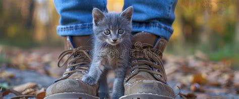 A Small Gray Stray Cat Standing On Human Feet Wearing Shoes Generative