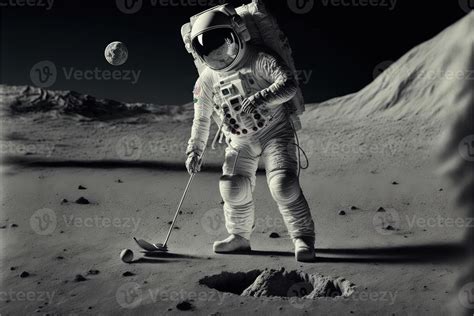 Astronaut Playing Golf On The Moon The Earth Planet On Background