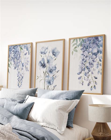 Blue Floral Watercolor Art Prints Light Blue Botanical Wall Decor Set