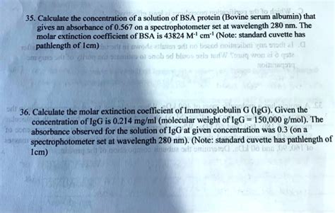 35 Calculate The Concentration Of Solution Of Bsa Protein Bovine Serum Albumin That Gives An