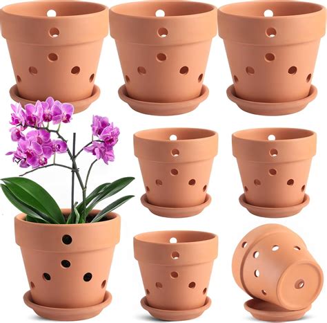 Layhit 8 Pcs Terracotta Orchid Pots With Holes And Saucers
