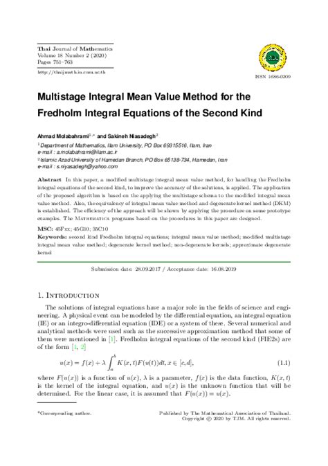 Pdf Multistage Integral Mean Value Method For The Fredholm Integral