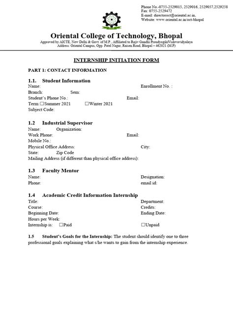 Annexure 1 Initiation Form Of Internship Pdf Internship Job Hunting