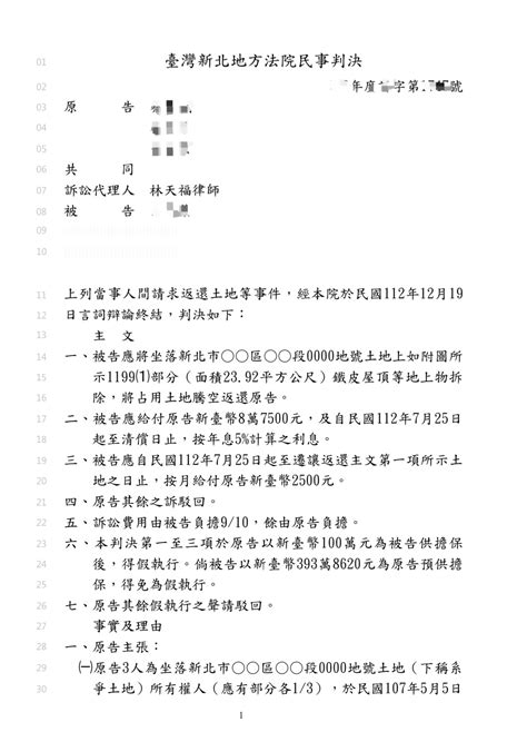 林天福律師 Alex 當事人的土地被他人占用，經本所歷經近一年的努力後，最終獲得勝訴判決，使當事人得以把土地取回，