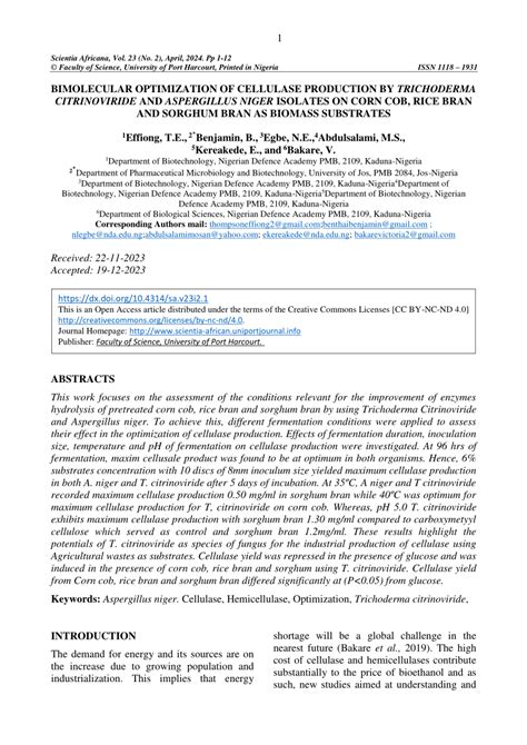 Pdf Bimolecular Optimization Of Cellulase Production By Tichoderma Citrinoviride And