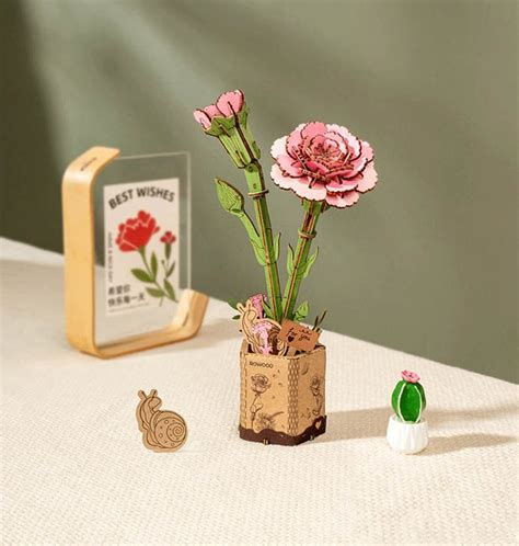 Bloem Roze Anjer Houten Bouwpakket Diy Houten Wereld