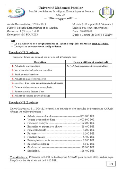 Examen Correction Rattrapage S1 Compt 28 02 2019 Nb La Calculatrice Non Programmable Et Le