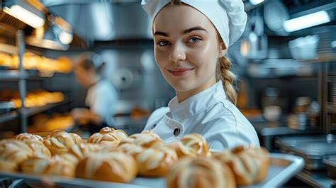 Professional Female Chef In Uniform Holds A Baking Sheet With Fresh Buns Premium Ai Generated