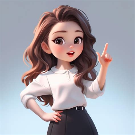 Premium Ai Image Cartoon Girl With Long Brown Hair And White Shirt