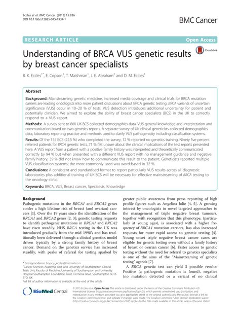 Pdf Understanding Of Brca Vus Genetic Results By Breast Cancer