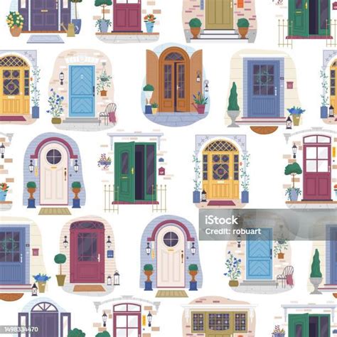 다른 집 입구 현관 및 닫힌 문 세트 화분에 심은 아파트 입구 0명에 대한 스톡 벡터 아트 및 기타 이미지 0명 개체 그룹 거리 Istock