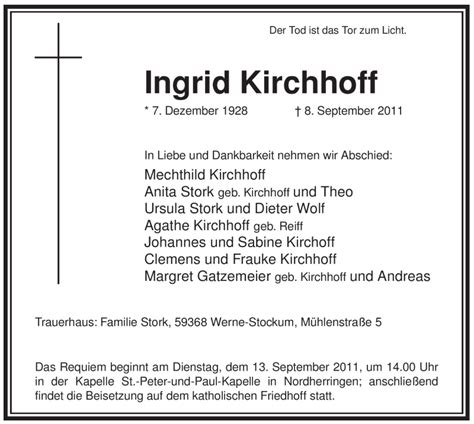 Traueranzeigen Von Ingrid Kirchhoff Trauer In Nrwde