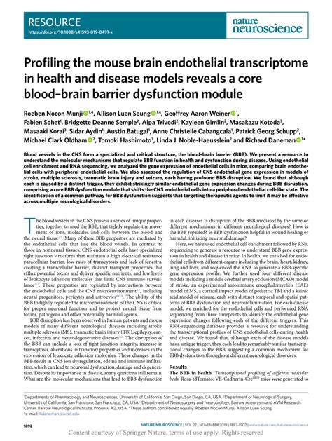 Profiling The Mouse Brain Endothelial Transcriptome In Health And Disease Models Reveals A Core