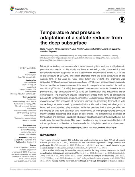 Pdf Temperature And Pressure Adaptation Of A Sulfate Reducer From The Deep Subsurface