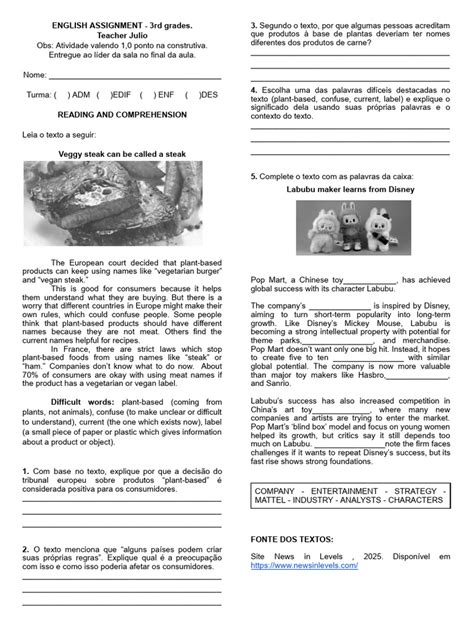 English Assignment 3rd Grades Pdf