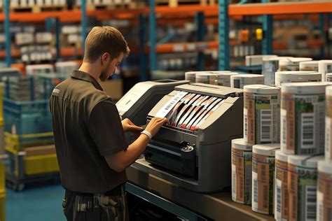 Warehouse Worker Using Barcode Printer To Create Labels Premium Ai