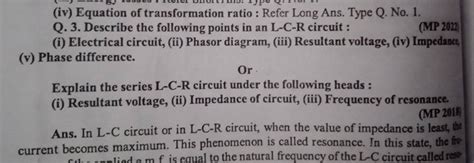 Iv Equation Of Transformation Ratio Refer Long Ans Type Q No 1 Q