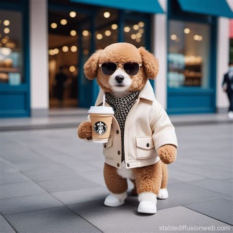 Teddy Dog Strolls Fashionable Street With Milk Tea Stable Diffusion