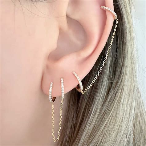 Gold Silver And Gemstone Double Piercing And Connected Chain Earrings