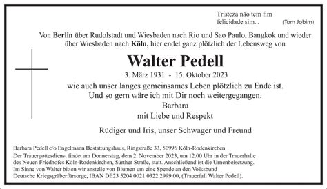 Traueranzeigen Von Walter Pedell Frankfurter Allgemeine Lebenswege