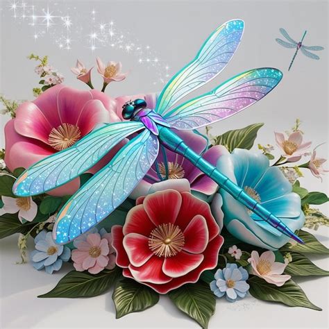 Fantastical Dragonfly In A Vibrant Flower Bouquet Fantasy Scene