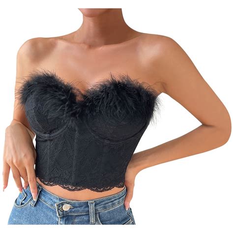 Tdyhuao Women Fuzzy Trim Corset Bandeau Tube Crop Tops Bustier Sexy