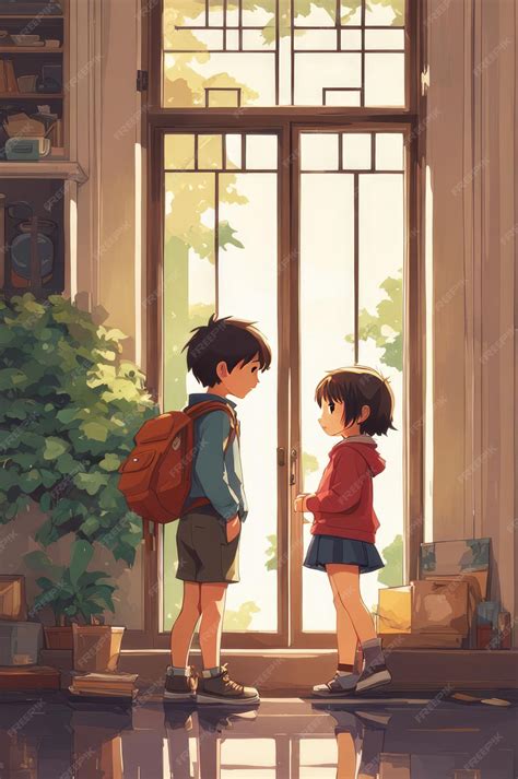 Ilustración De Dos Escolares En Estilo De Dibujos Animados Y Anime Foto Premium