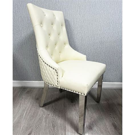 Set Of 2 Camilla Cream White Pu Faux Leather Dining Chairs With Lion