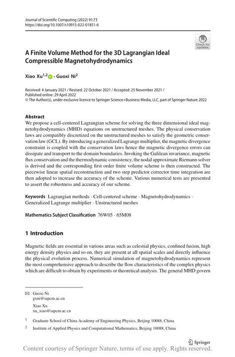 A Finite Volume Method For The 3d Lagrangian Ideal Compressible Magnetohydrodynamics Request Pdf